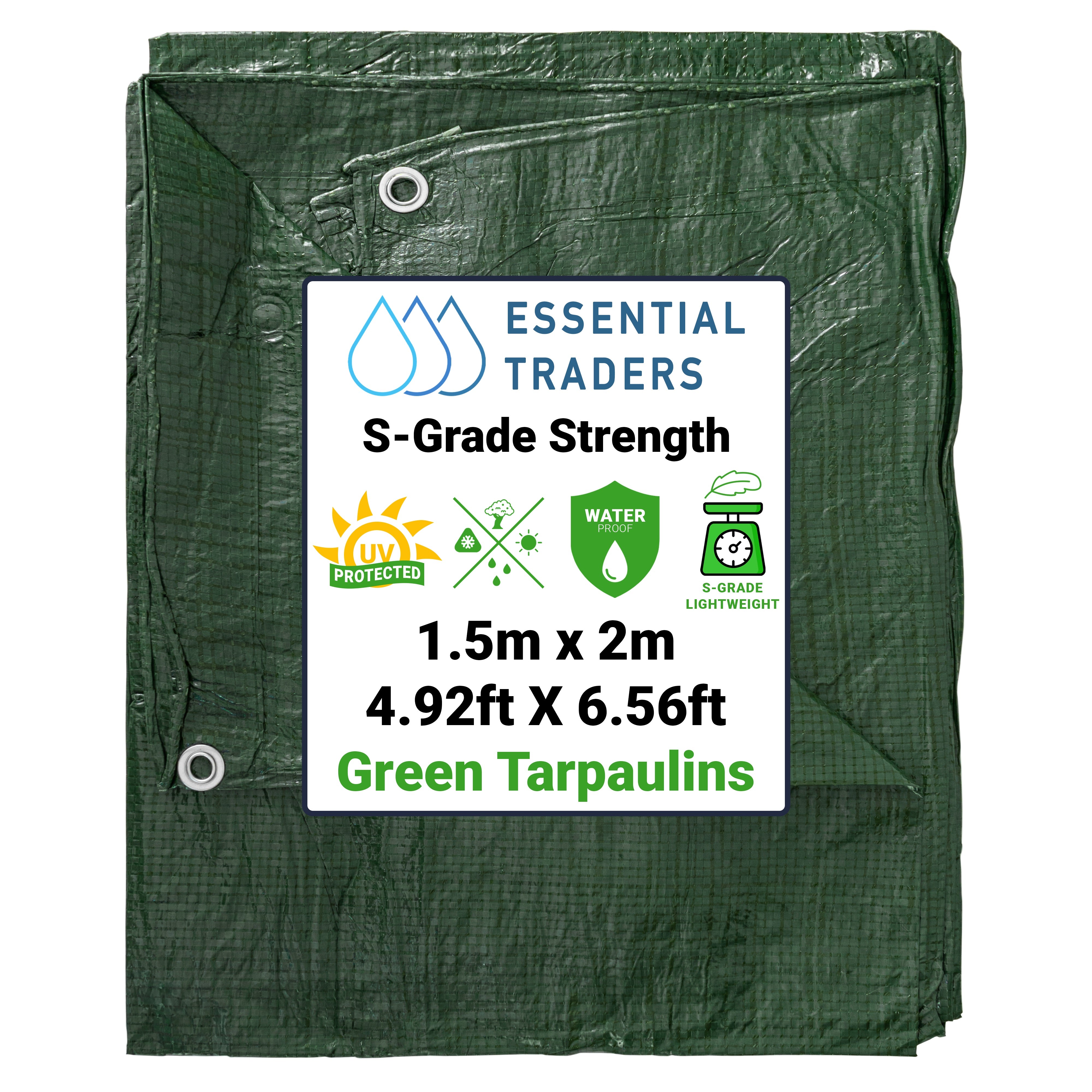 1.5m x 2m Waterproof Green 50gsm Tarpaulin – Temporary Shelter Tarp ...